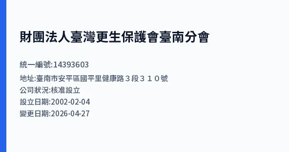財團法人臺灣更生保護會臺南分會的照片-統編 14393603(臺南市) 公司登記資料與營業項目詳細圖表
