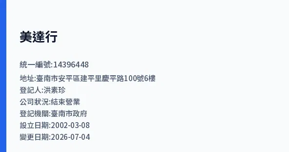 美達行的照片-統編 14396448(臺南市) 公司登記資料與營業項目詳細圖表
