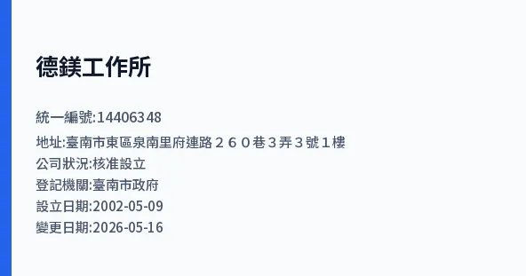 德鎂工作所的照片-統編 14406348(臺南市) 公司登記資料與營業項目詳細圖表