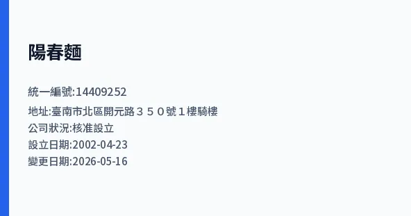 陽春麵的照片-統編 14409252(臺南市) 公司登記資料與營業項目詳細圖表