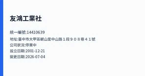 友鴻工業社的照片-統編 14410639(臺中市) 公司登記資料與營業項目詳細圖表