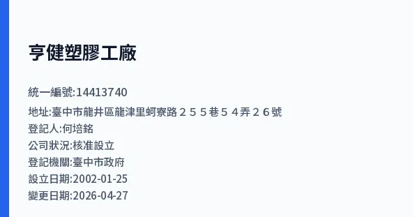 亨健塑膠工廠的照片-統編 14413740(臺中市) 公司登記資料與營業項目詳細圖表