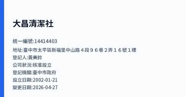 大昌清潔社的照片-統編 14414403(臺中市) 公司登記資料與營業項目詳細圖表