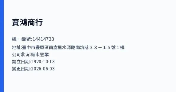 寶鴻商行的照片-統編 14414733(臺中市) 公司登記資料與營業項目詳細圖表