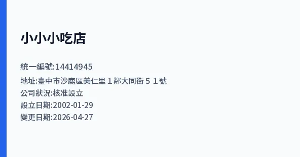 小小小吃店的照片-統編 14414945(臺中市) 公司登記資料與營業項目詳細圖表