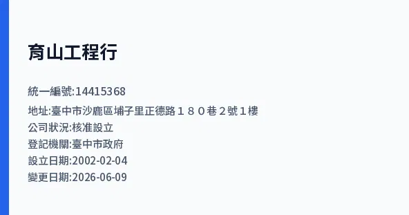 育山工程行的照片-統編 14415368(臺中市) 公司登記資料與營業項目詳細圖表