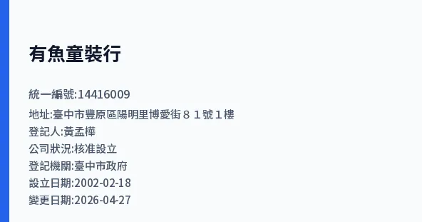 有魚童裝行的照片-統編 14416009(臺中市) 公司登記資料與營業項目詳細圖表