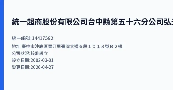統一超商股份有限公司台中縣第五十六分公司弘光門市部的照片-統編 14417582(臺中市) 公司登記資料與營業項目詳細圖表