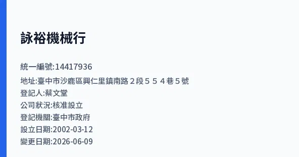 詠裕機械行的照片-統編 14417936(臺中市) 公司登記資料與營業項目詳細圖表