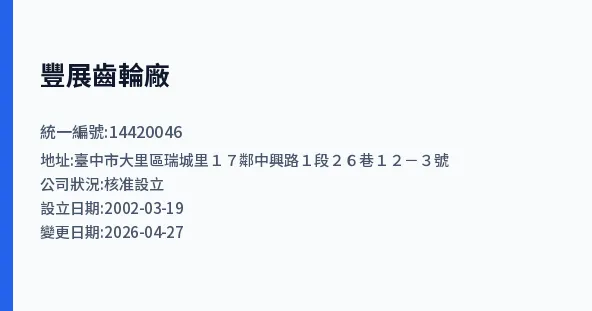 豐展齒輪廠的照片-統編 14420046(臺中市) 公司登記資料與營業項目詳細圖表