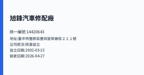 旭鋒汽車修配廠的照片-統編 14420643(臺中市) 公司登記資料與營業項目詳細圖表