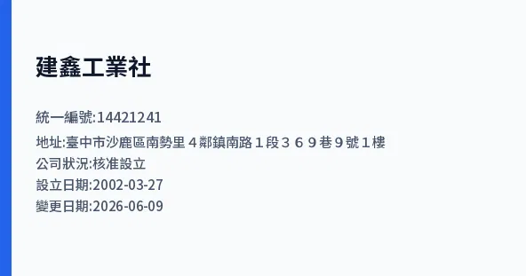 建鑫工業社的照片-統編 14421241(臺中市) 公司登記資料與營業項目詳細圖表