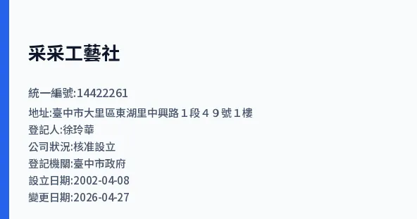 采采工藝社的照片-統編 14422261(臺中市) 公司登記資料與營業項目詳細圖表