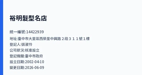裕明髮型名店的照片-統編 14422939(臺中市) 公司登記資料與營業項目詳細圖表