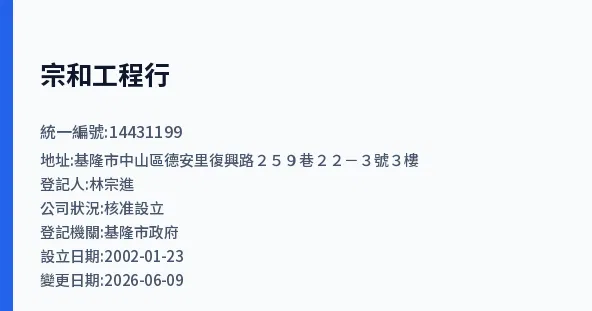 宗和工程行的照片-統編 14431199(基隆市) 公司登記資料與營業項目詳細圖表