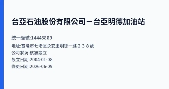 台亞石油股份有限公司-台亞明德加油站的照片-統編 14448889(基隆市) 公司登記資料與營業項目詳細圖表