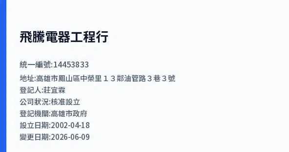飛騰電器工程行的照片-統編 14453833(高雄市) 公司登記資料與營業項目詳細圖表