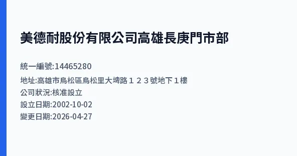 美德耐股份有限公司高雄長庚門市部的照片-統編 14465280(高雄市) 公司登記資料與營業項目詳細圖表