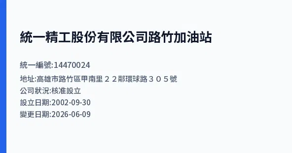 統一精工股份有限公司路竹加油站的照片-統編 14470024(高雄市) 公司登記資料與營業項目詳細圖表