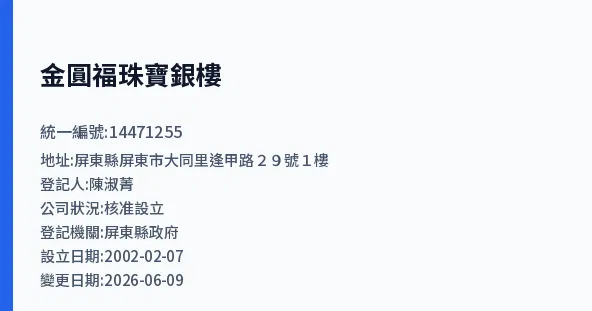 金圓福珠寶銀樓的照片-統編 14471255(屏東縣) 公司登記資料與營業項目詳細圖表