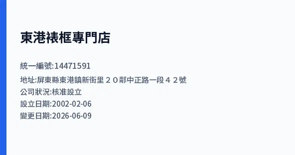 東港裱框專門店的照片-統編 14471591(屏東縣) 公司登記資料與營業項目詳細圖表