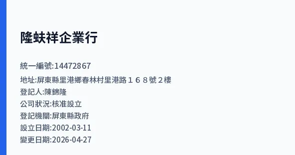隆蚨祥企業行的照片-統編 14472867(屏東縣) 公司登記資料與營業項目詳細圖表