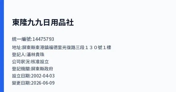 東隆九九日用品社的照片-統編 14475793(屏東縣) 公司登記資料與營業項目詳細圖表
