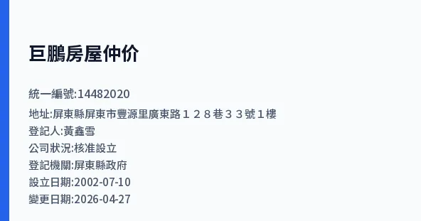巨鵬房屋仲价的照片-統編 14482020(屏東縣) 公司登記資料與營業項目詳細圖表