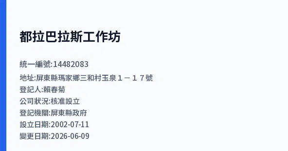 都拉巴拉斯工作坊的照片-統編 14482083(屏東縣) 公司登記資料與營業項目詳細圖表