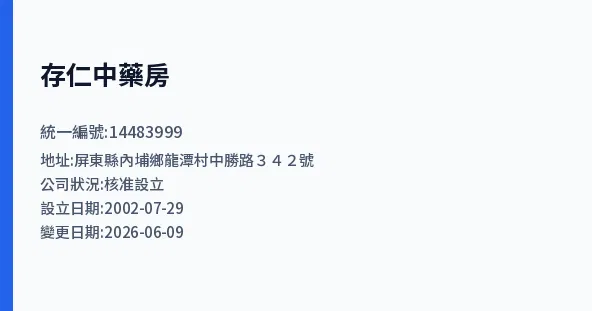 存仁中藥房的照片-統編 14483999(屏東縣) 公司登記資料與營業項目詳細圖表