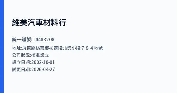 維美汽車材料行的照片-統編 14488208(屏東縣) 公司登記資料與營業項目詳細圖表