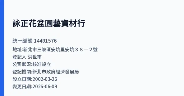 詠正花盆園藝資材行的照片-統編 14491576(新北市) 公司登記資料與營業項目詳細圖表