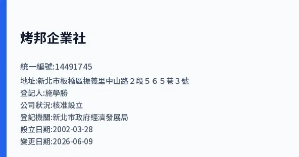 烤邦企業社的照片-統編 14491745(新北市) 公司登記資料與營業項目詳細圖表