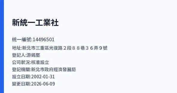 新統一工業社的照片-統編 14496501(新北市) 公司登記資料與營業項目詳細圖表