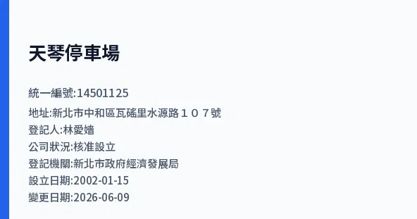 天琴停車場的照片-統編 14501125(新北市) 公司登記資料與營業項目詳細圖表