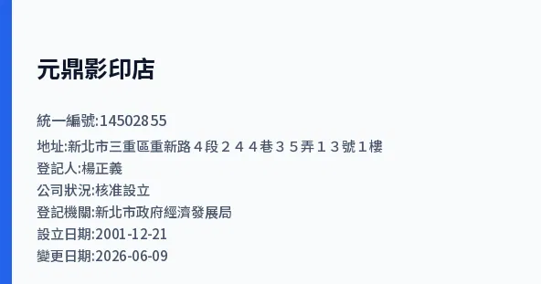 元鼎影印店的照片-統編 14502855(新北市) 公司登記資料與營業項目詳細圖表