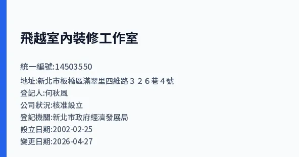 飛越室內裝修工作室的照片-統編 14503550(新北市) 公司登記資料與營業項目詳細圖表