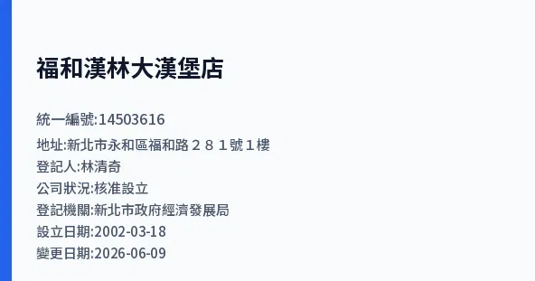 福和漢林大漢堡店的照片-統編 14503616(新北市) 公司登記資料與營業項目詳細圖表