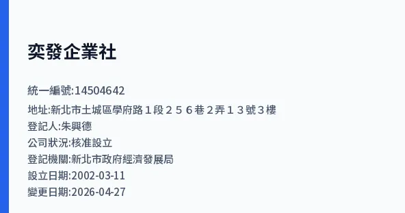 奕發企業社的照片-統編 14504642(新北市) 公司登記資料與營業項目詳細圖表