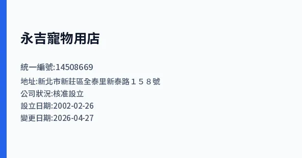 永吉寵物用店的照片-統編 14508669(新北市) 公司登記資料與營業項目詳細圖表
