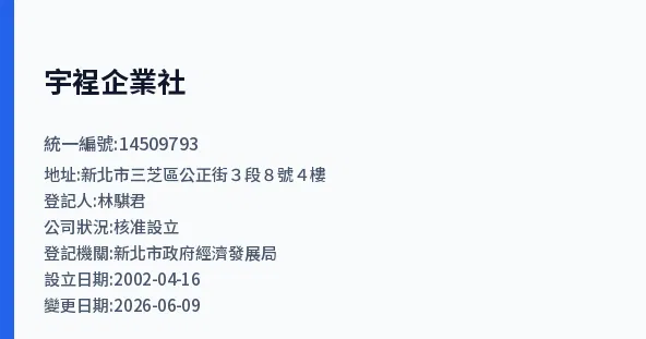 宇裎企業社的照片-統編 14509793(新北市) 公司登記資料與營業項目詳細圖表