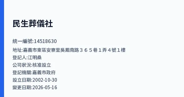 民生葬儀社的照片-統編 14518630(嘉義市) 公司登記資料與營業項目詳細圖表