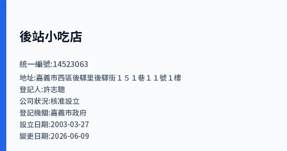後站小吃店的照片-統編 14523063(嘉義市) 公司登記資料與營業項目詳細圖表