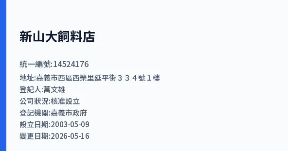 新山大飼料店的照片-統編 14524176(嘉義市) 公司登記資料與營業項目詳細圖表