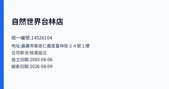 自然世界台林店的照片-統編 14526104(嘉義市) 公司登記資料與營業項目詳細圖表