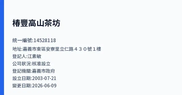 椿豐高山茶坊的照片-統編 14528118(嘉義市) 公司登記資料與營業項目詳細圖表
