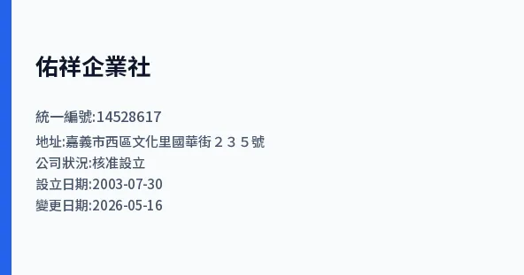 佑祥企業社的照片-統編 14528617(嘉義市) 公司登記資料與營業項目詳細圖表