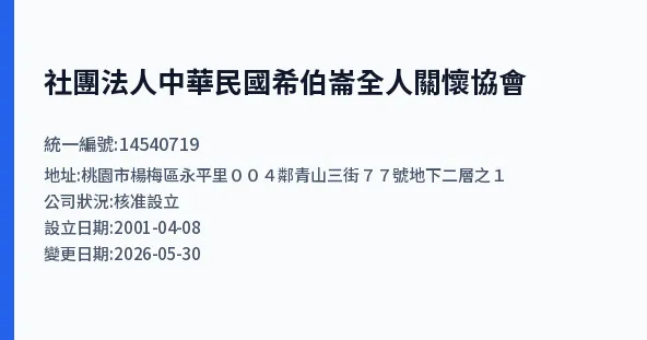 社團法人中華民國希伯崙全人關懷協會的照片-統編 14540719(桃園市) 公司登記資料與營業項目詳細圖表