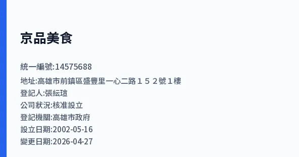 京品美食的照片-統編 14575688(高雄市) 公司登記資料與營業項目詳細圖表