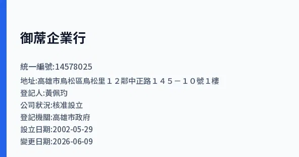 御蓆企業行的照片-統編 14578025(高雄市) 公司登記資料與營業項目詳細圖表